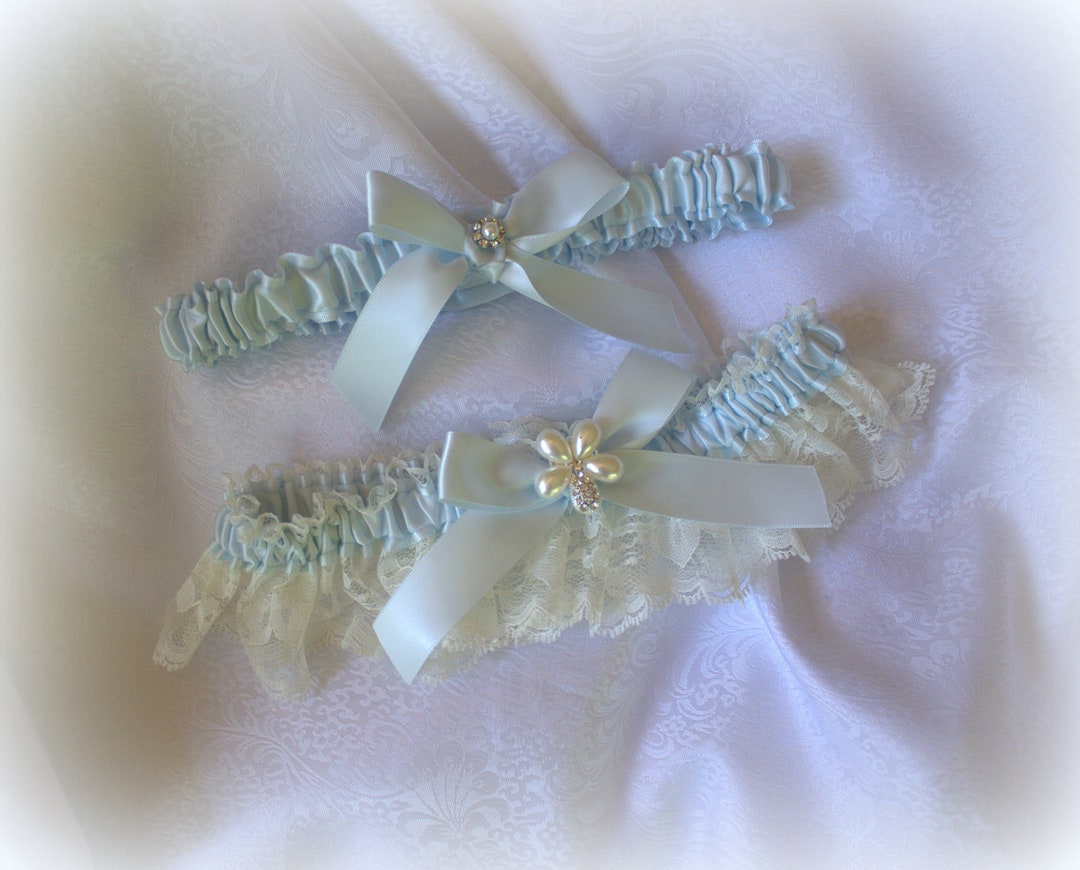 Ivory-white Lace and Pale Light Blue/baby Blue/blue Vapor Satin Garter ...