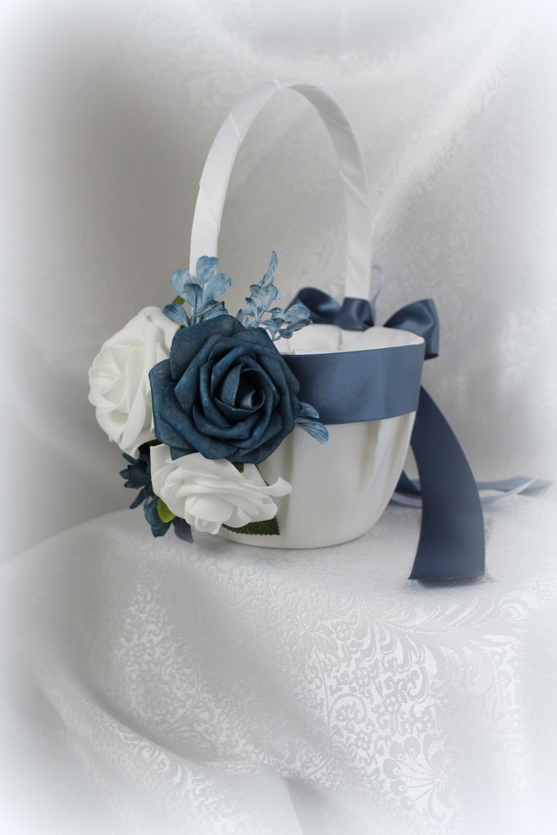 Ivory or White Satin Flower Girl Basket-steel Blue Satin Ribbons/white ...