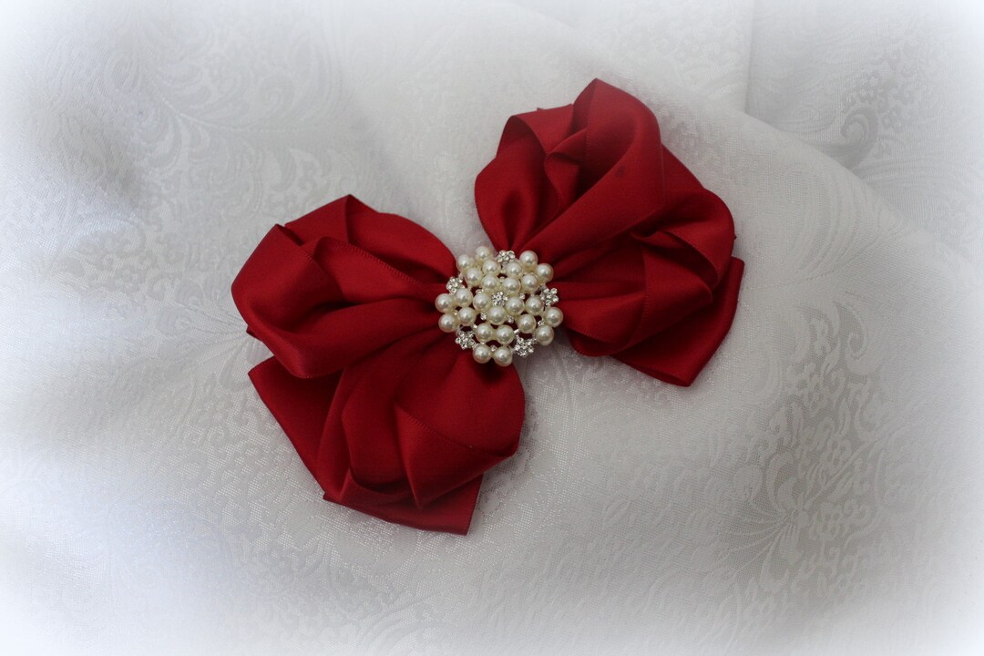 Scarlet Red Satin 5" Bow With Pearls and Rhinestones - Etsy