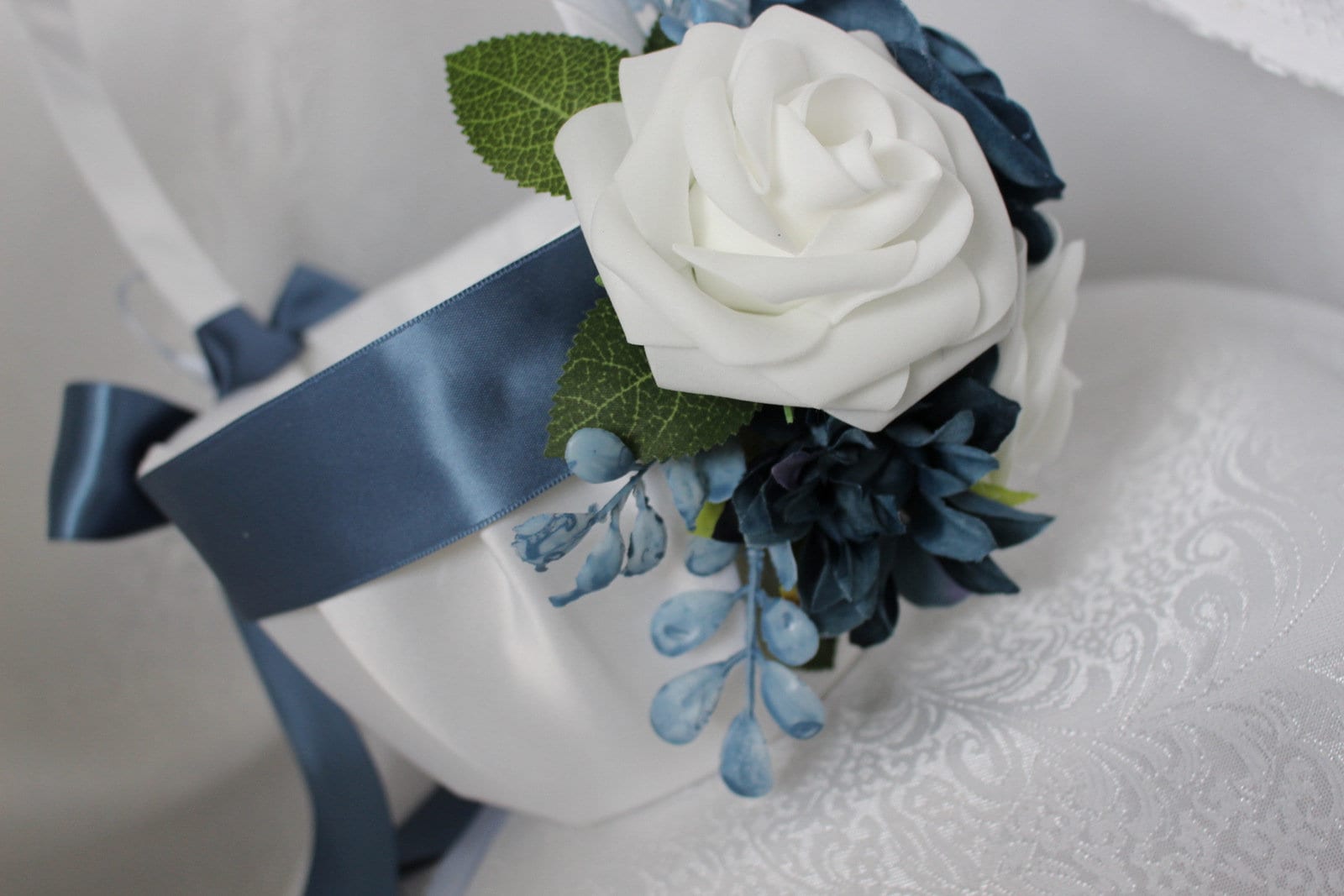 Ivory or White Satin Flower Girl Basket-steel Blue Satin Ribbons/white ...