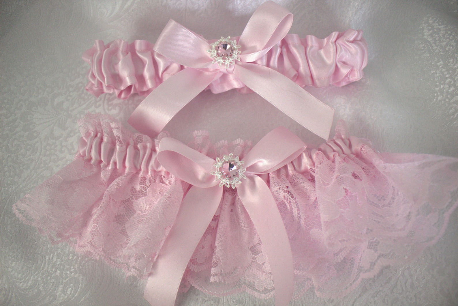 Romantic Lace Garter Set Ice Pink/pale Pink-includes Toss Garter-satin ...