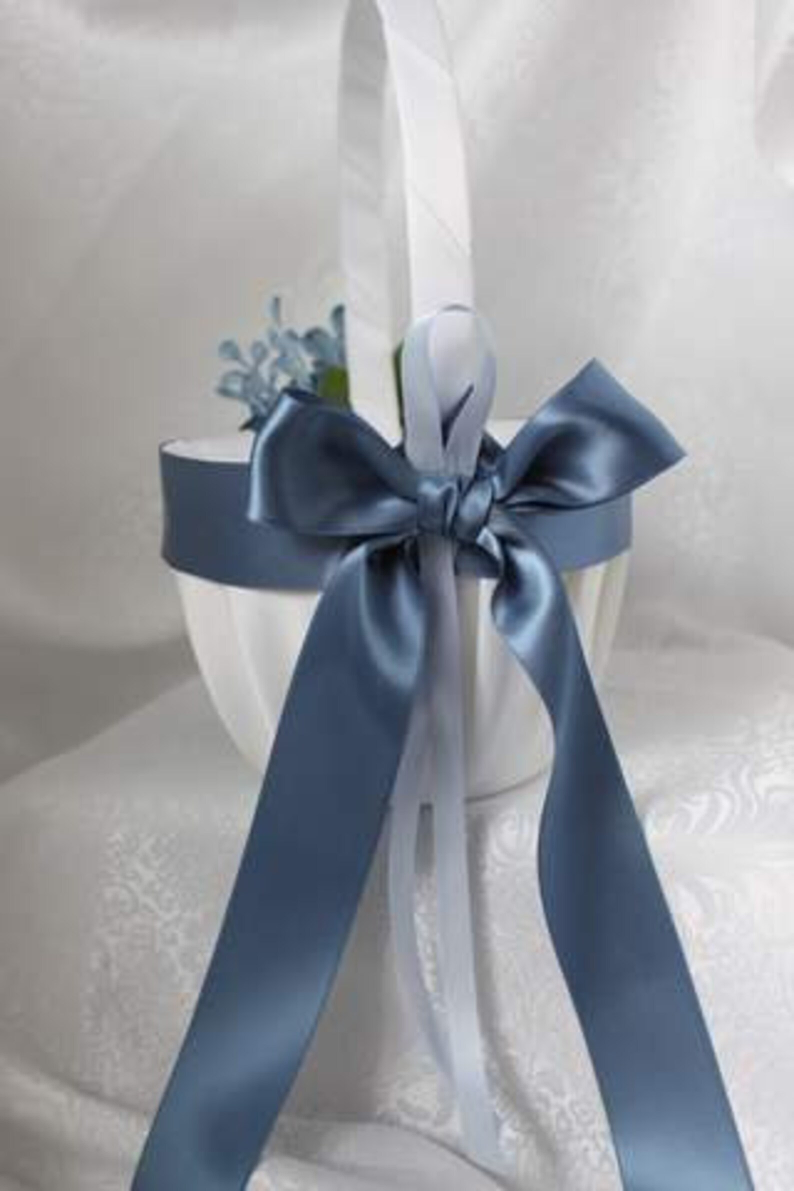 Ivory or White Satin Flower Girl Basket-steel Blue Satin Ribbons/white ...