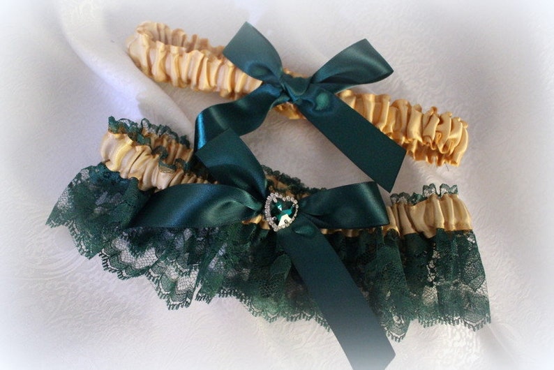 Hunter Green Lace Gold/hunter Satin Garter Set-includes Toss Garter ...