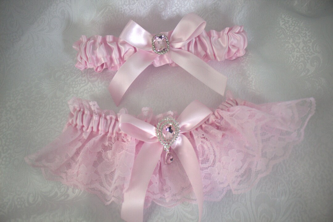 Romantic Lace Garter Set Ice Pink/pale Pink-includes Toss Garter-satin ...
