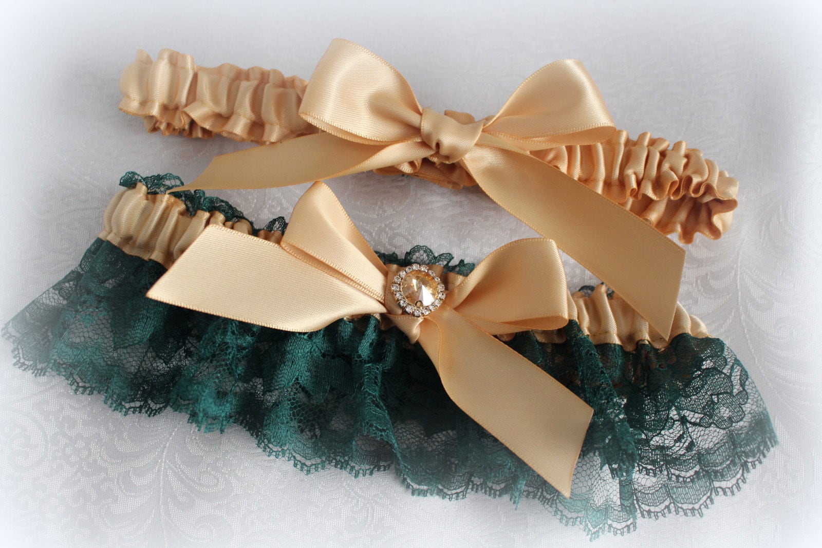 Hunter Green Lace and Gold Satin Garter Set-includes Toss - Etsy