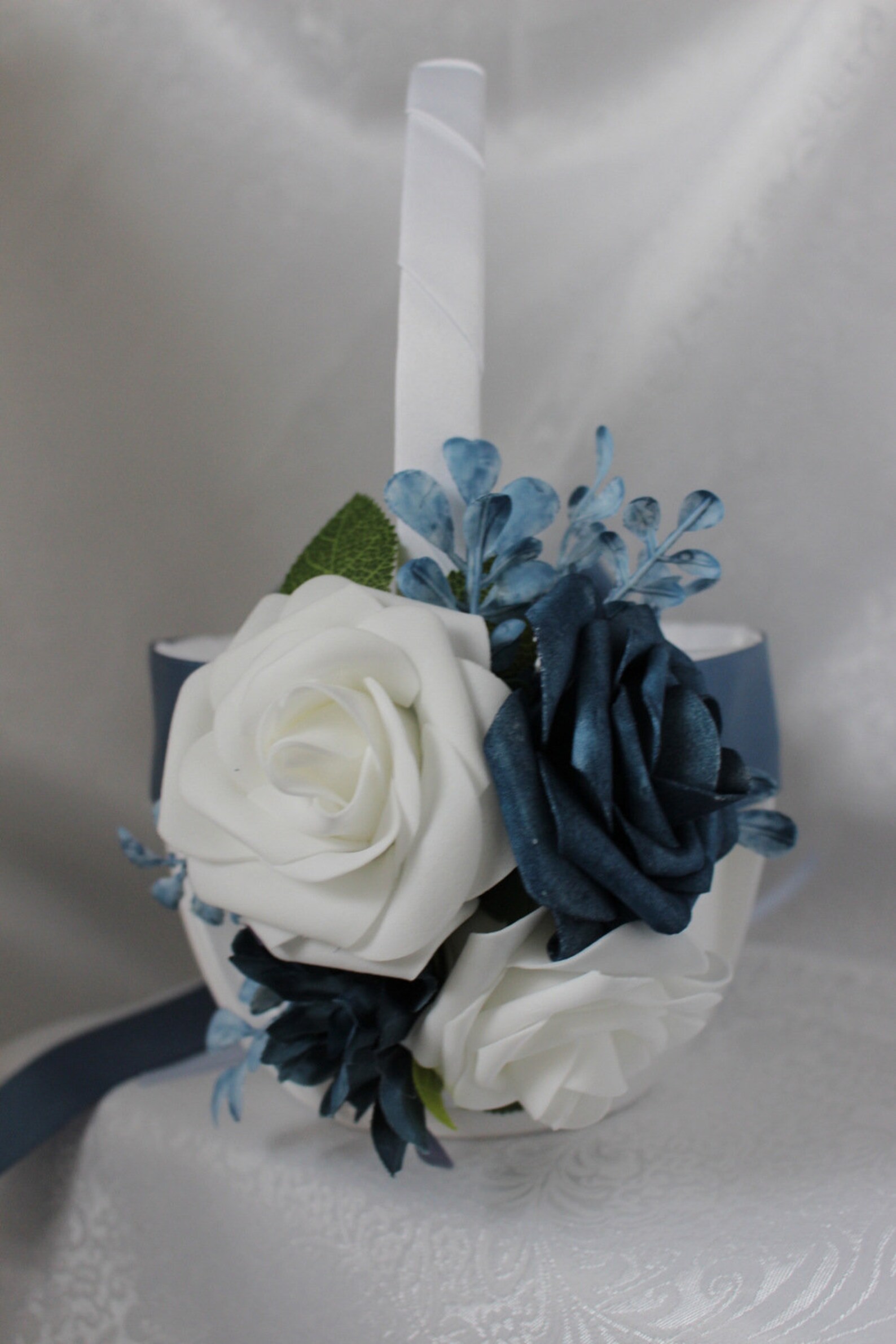 Ivory or White Satin Flower Girl Basket-steel Blue Satin Ribbons/white ...