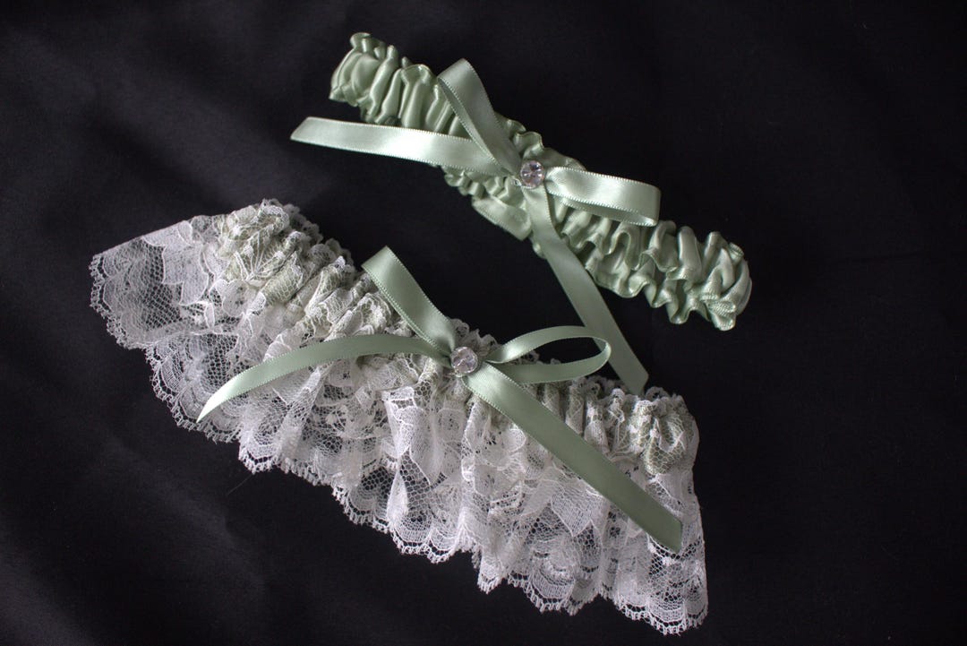 White or Ivory Lace and Satin Garter Set/bows -swarovski Crystals-3 ...
