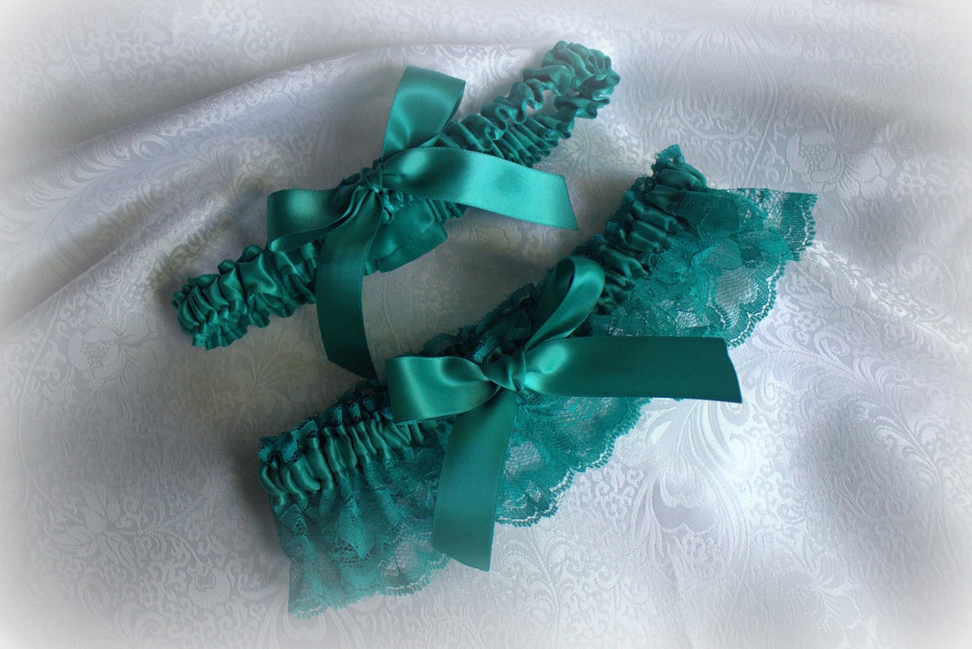 Romantic Lace Garter Set Jade/teal-includes Toss Garter-wide Satin Bows ...