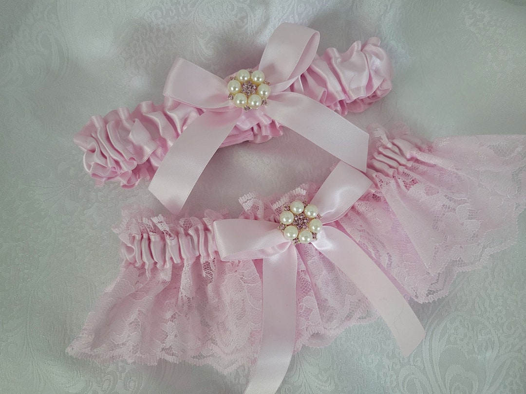 Romantic Lace Garter Set Ice Pink/pale Pink-includes Toss Garter-satin ...
