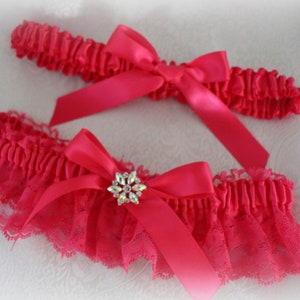 Shocking Pink Lace Garter Set-includes Toss Garter/rhinestone Accent ...
