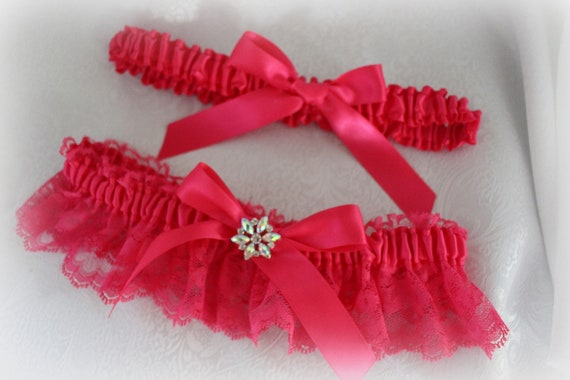 Shocking Pink Lace Garter Set-includes Toss Garter/rhinestone | Etsy