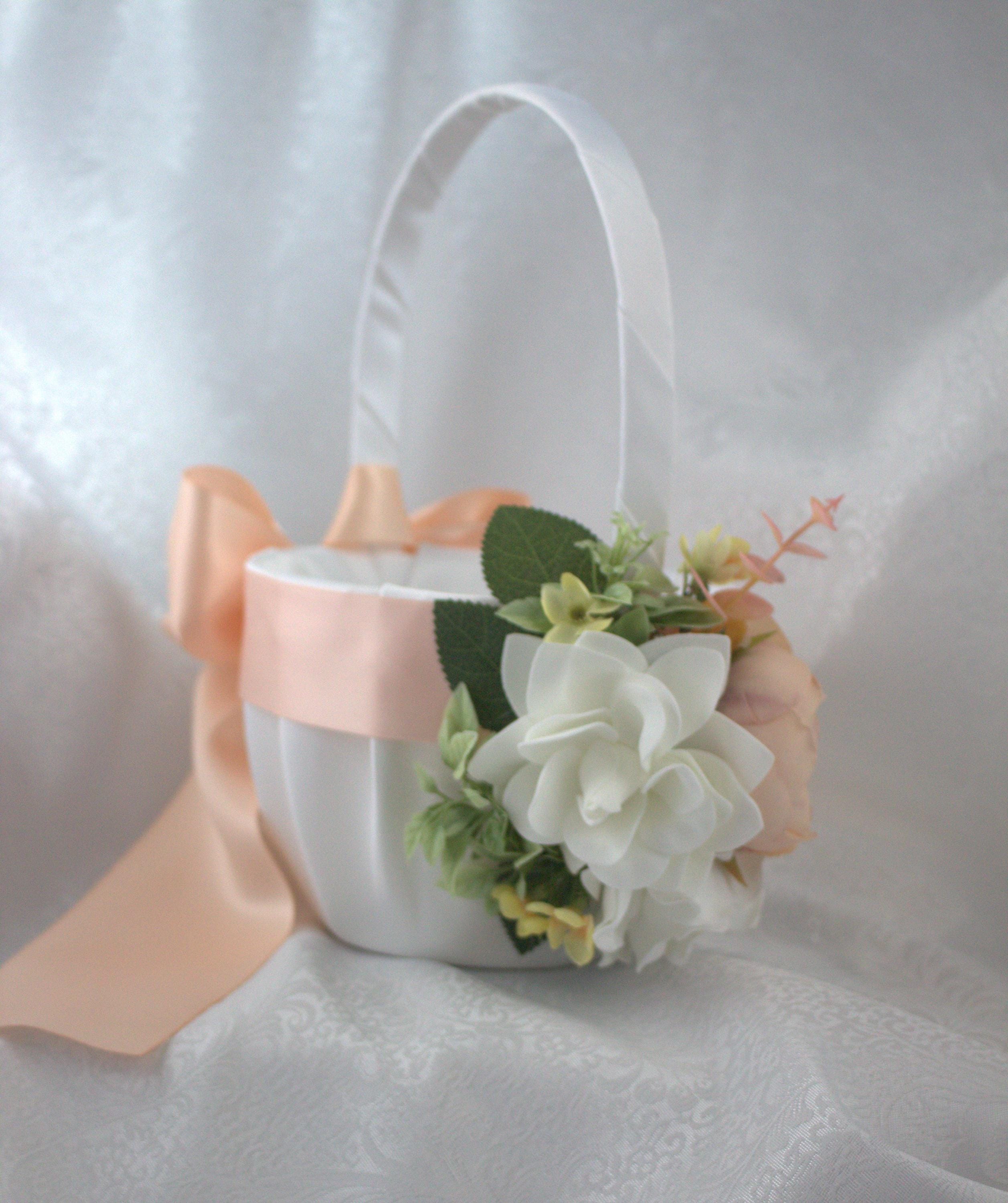 Ivory/white Flower Girl Basket -pale Peach Ribbon and Pale Peach Silk ...
