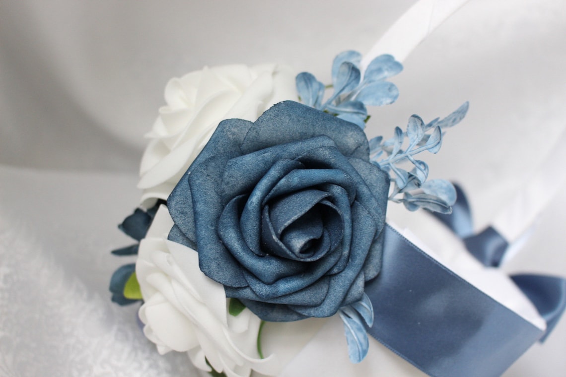Ivory or White Satin Flower Girl Basket-steel Blue Satin Ribbons/white ...