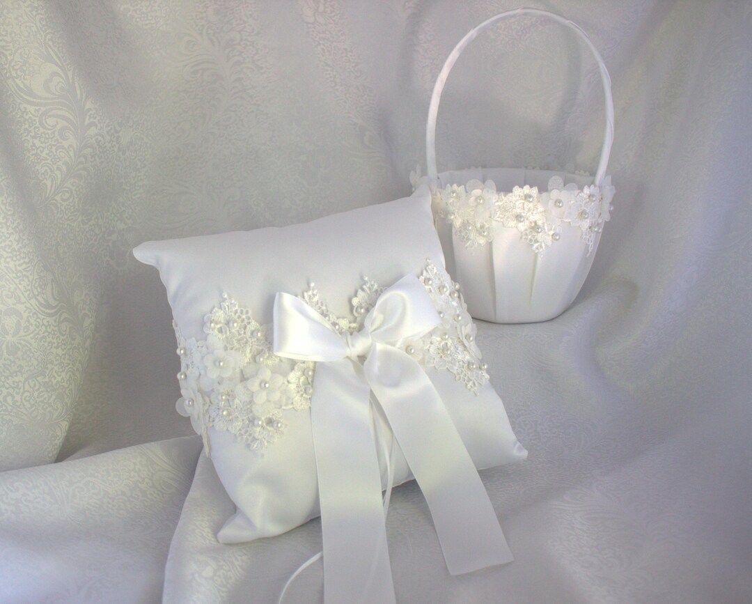 Ivory/white Flower Girl Basket/ring Bearer Pillow-embroidered Lace Trim ...