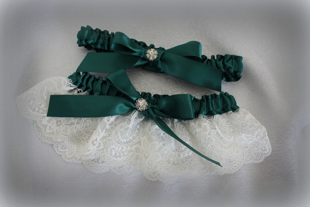 White or Ivory Lace and Hunter Green/dark Green Satin Ribbons Garter ...