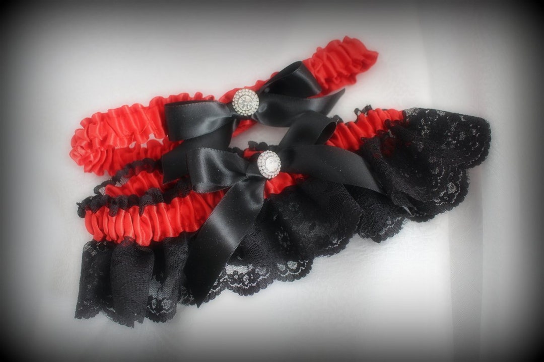 Black Lace and Red Satin Garter Set - Etsy
