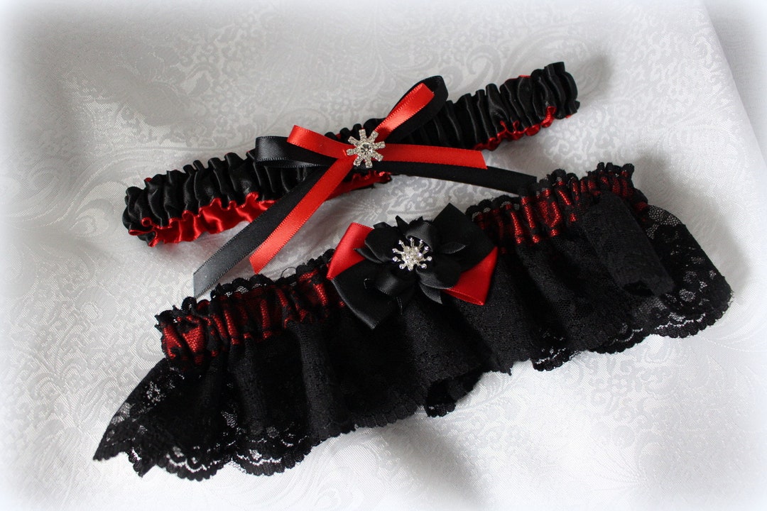 Black Lace and Red Satin Colored Ribbons Garter Set-includes Toss ...