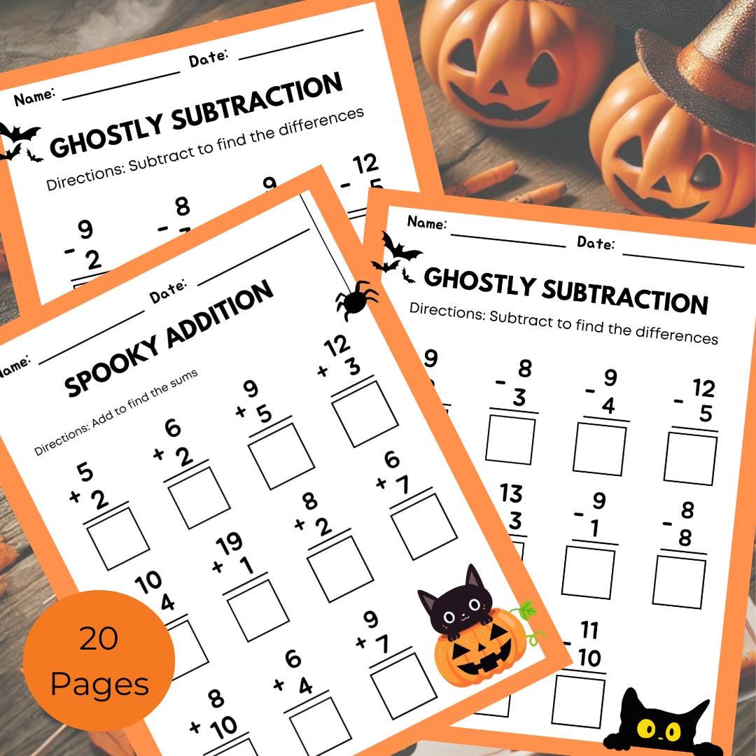 First Grade Addition & Subtraction Math Worksheets Halloween Theme ...