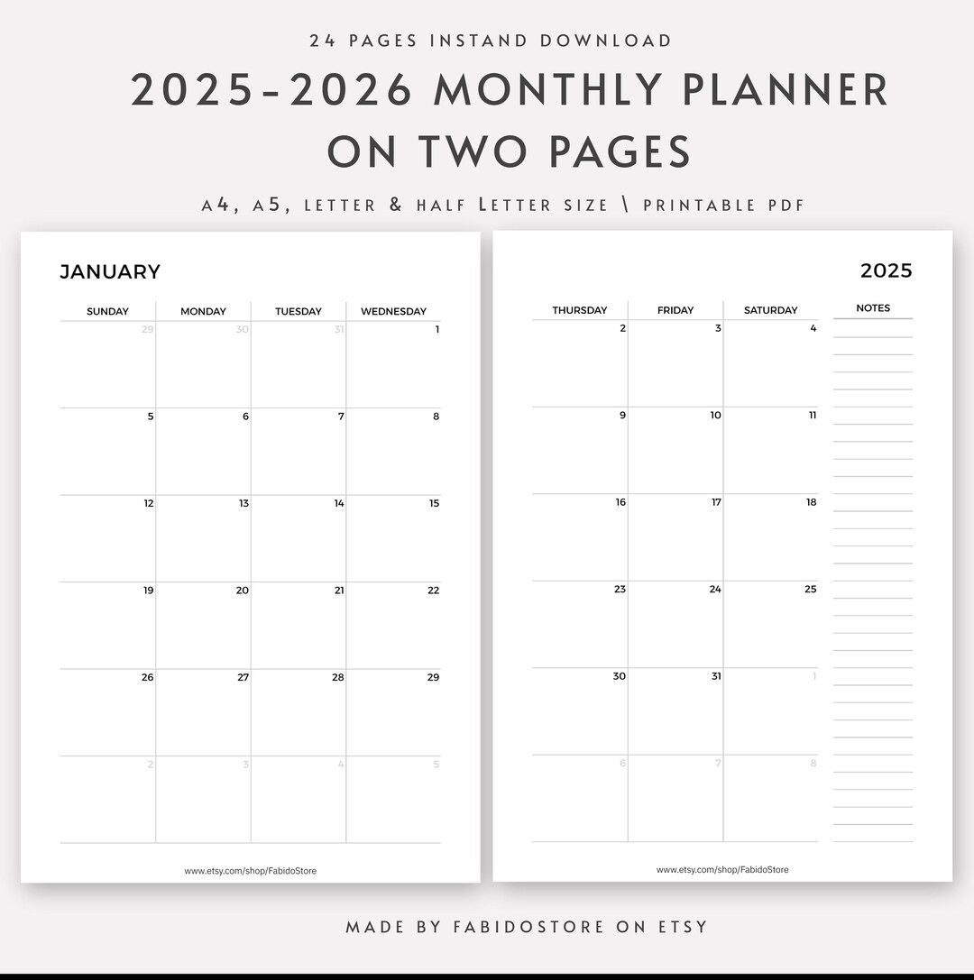 2025 2026 Monthly Calendar PDF | Two-page Printable Planner With Notes ...