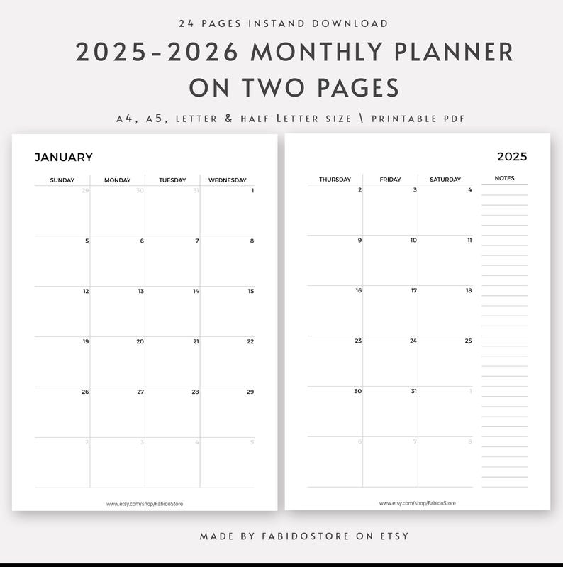 2025 2026 Monthly Calendar PDF | Two-page Printable Planner With Notes ...