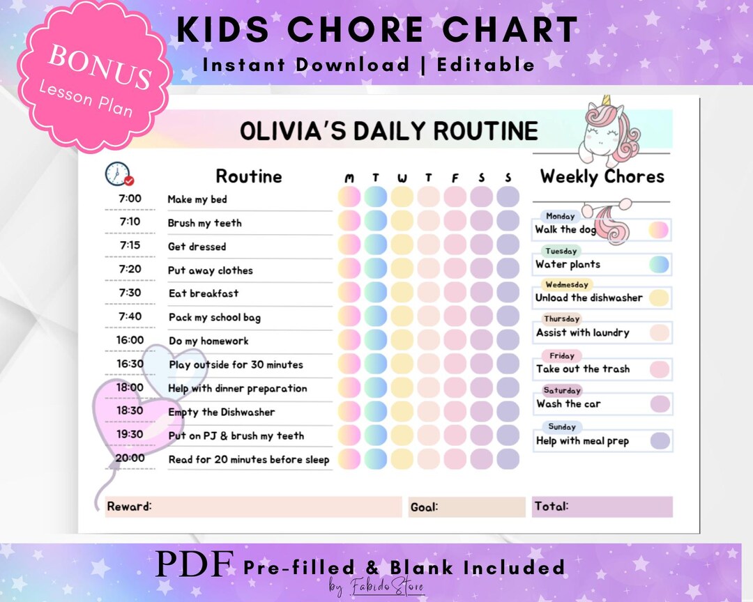 Editable Weekly Chore Chart for Kids|kids Weekly Responsibility Chart ...