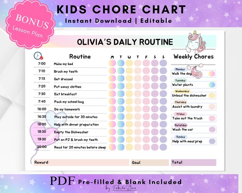 Editable Kids Chore Chart: Unicorn Daily Routine (PDF Download) - Etsy
