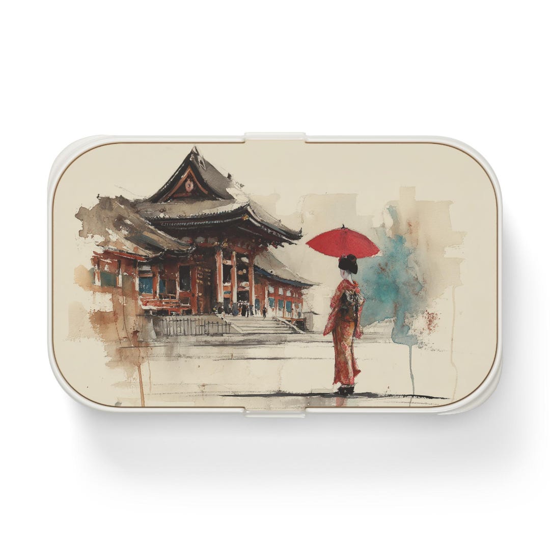 Red Umbrella Geisha Bento Box, Japanese Temple Watercolor Art, Elegant ...