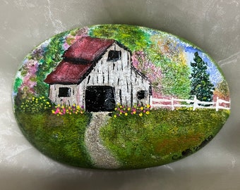 Country Landscape Painted Rock, Red Barn Painting, Door Stop, Painted ...
