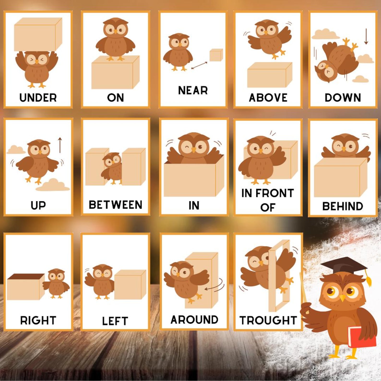 Preposition Owl Flashcards, Montessori Printable Activity, Positional ...