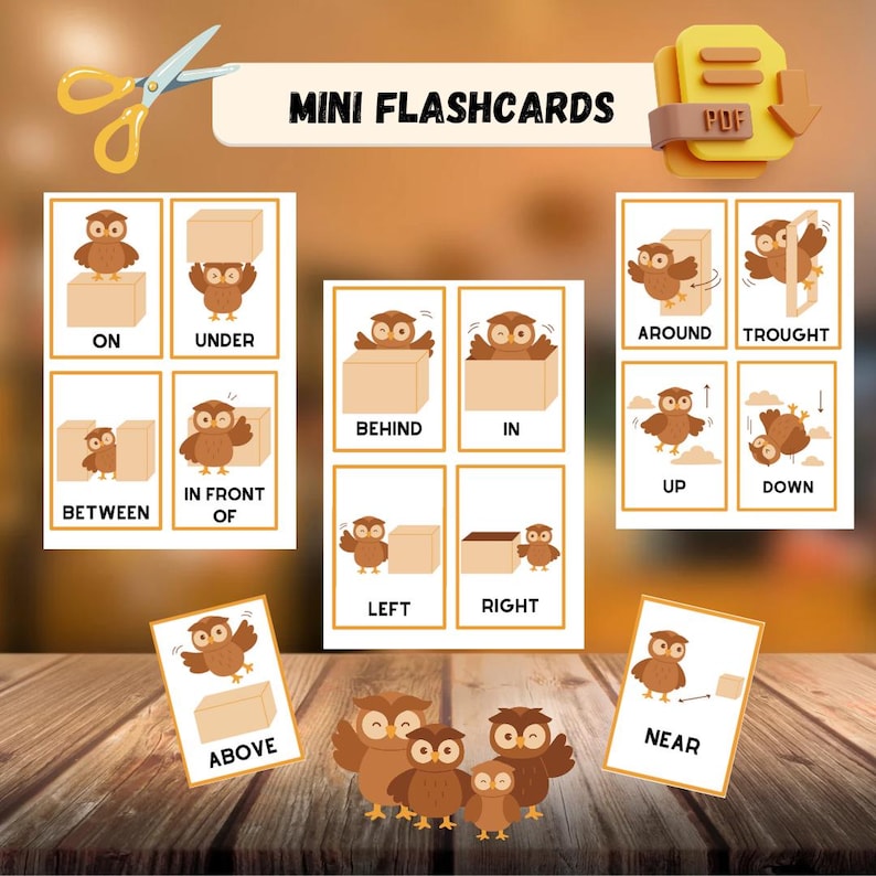 Preposition Owl Flashcards, Montessori Printable Activity, Positional ...