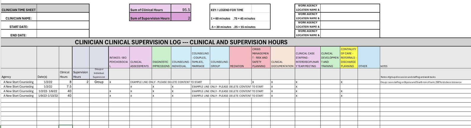 Clinical Supervision Hours Log, Form Tracker, Hours Template, Google ...