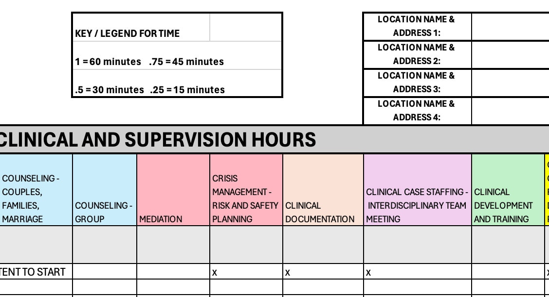 Clinical Supervision Hours Log, Form Tracker, Hours Template, Google, Excel, Clinical Hours Log ...