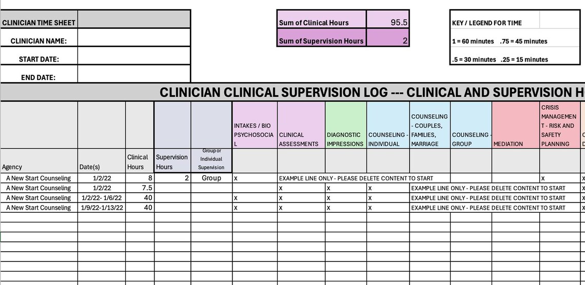 Clinical Supervision Hours Log, Form Tracker, Hours Template, Google ...