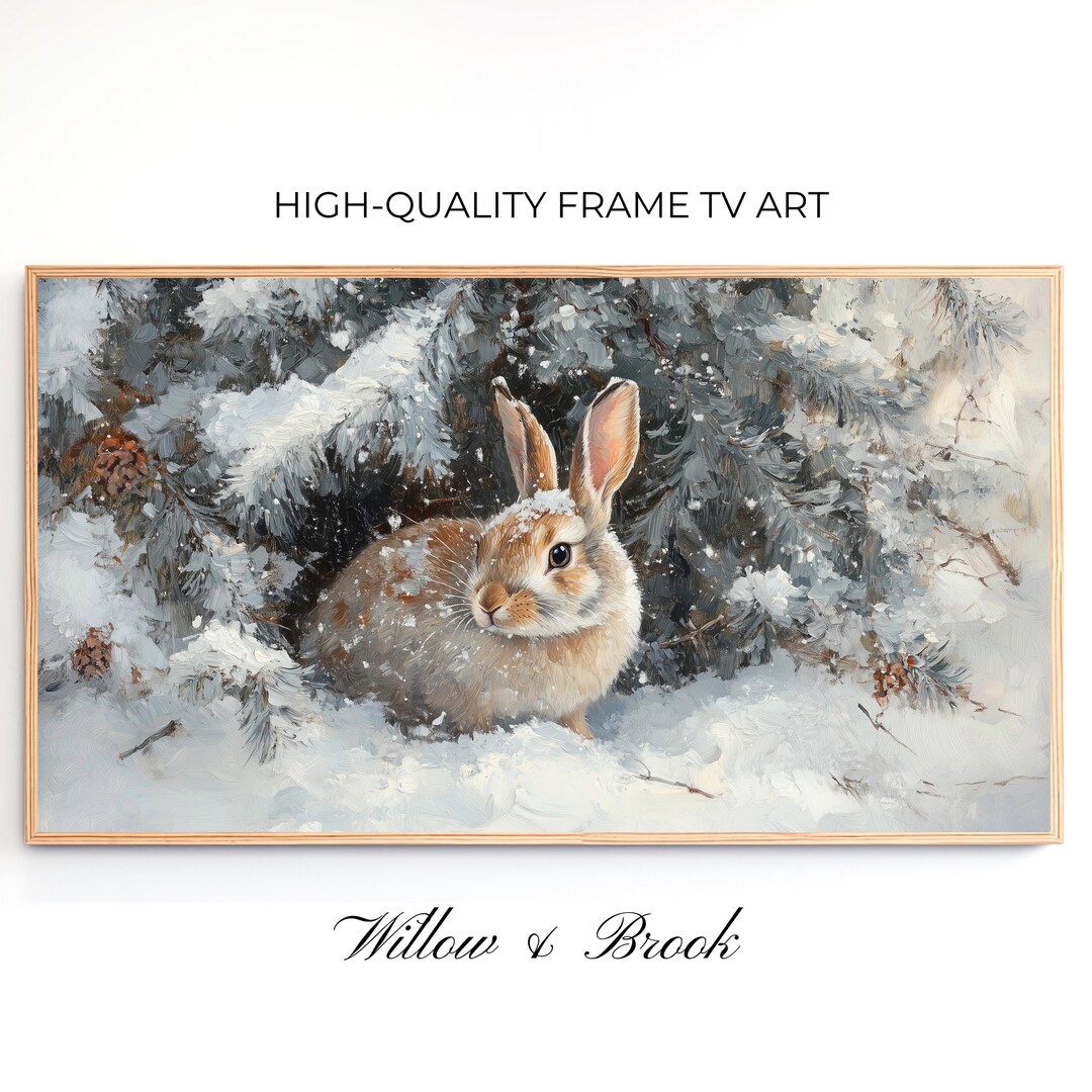 Frame TV Art: Winter Rabbit Still Life Christmas Forest Oil Painting ...