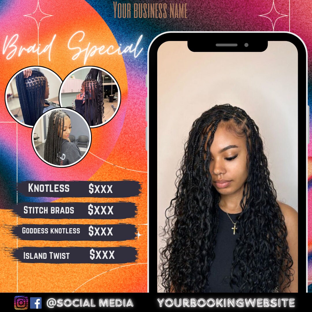 Knotless Braid Flyer - Diy Sale -hairstylist Promo - Salon Booking Ad ...