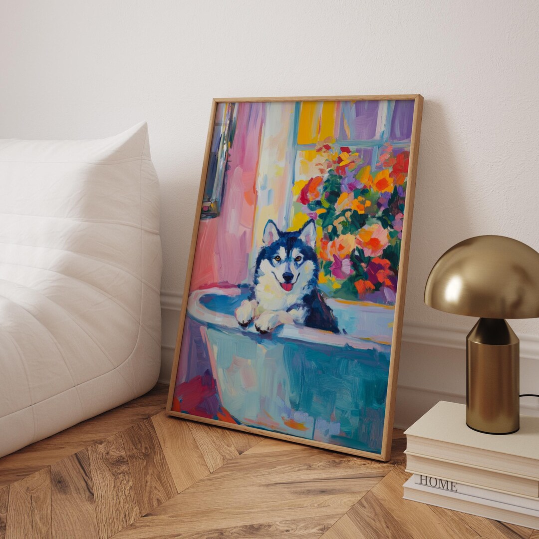 Maximalist Husky Bathroom Print Colorful Floral Bathroom Decor ...