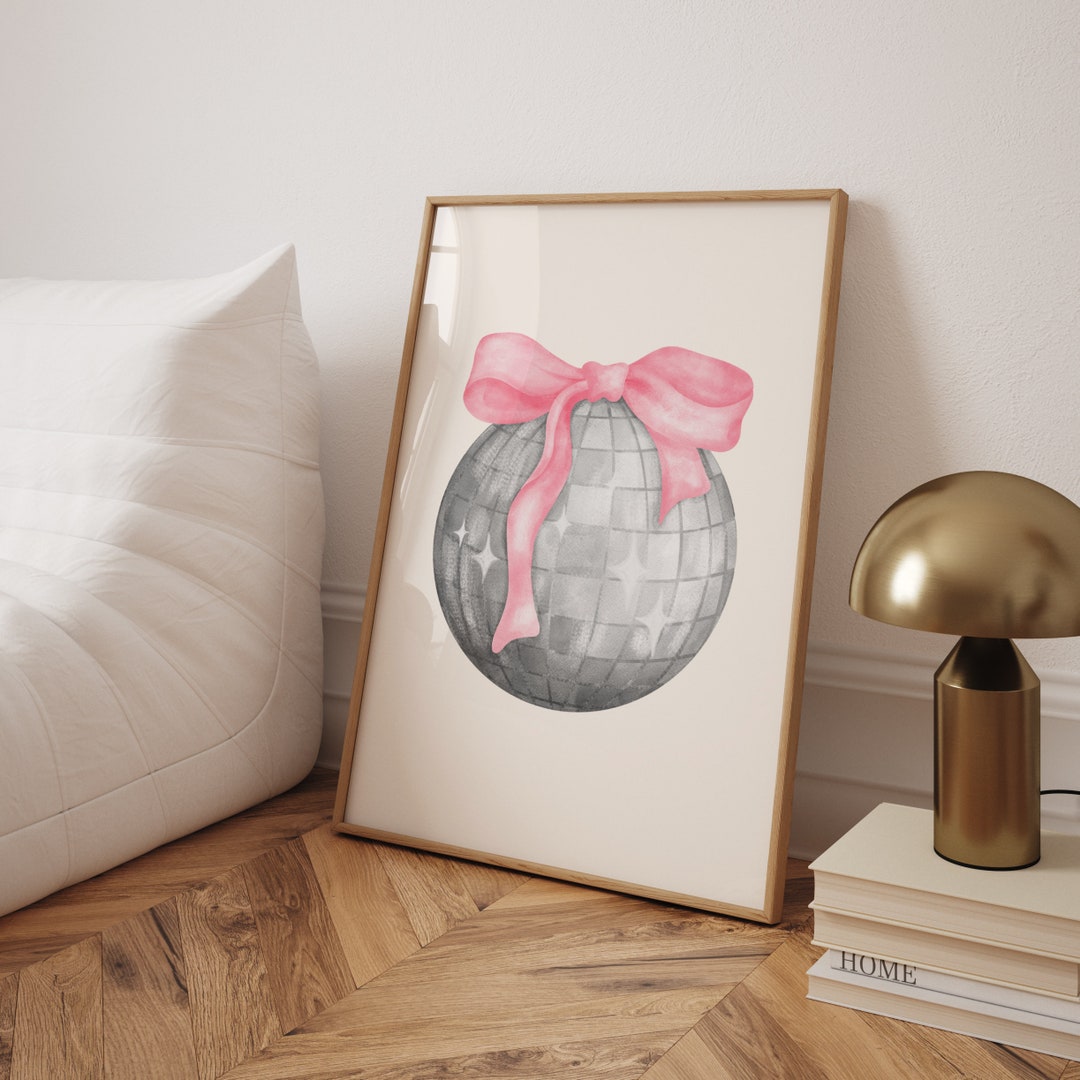 Retro Disco Ball Bow Vintage Pink Bow Printable Wall Art Minimalist ...