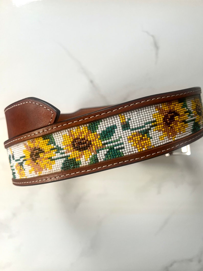 Hand Beaded Sunflower Leather Belt - Etsy