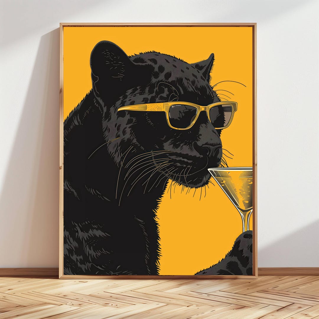 Panther Drinking Martini Wall Art | Black Panther Glasses Maximalist ...