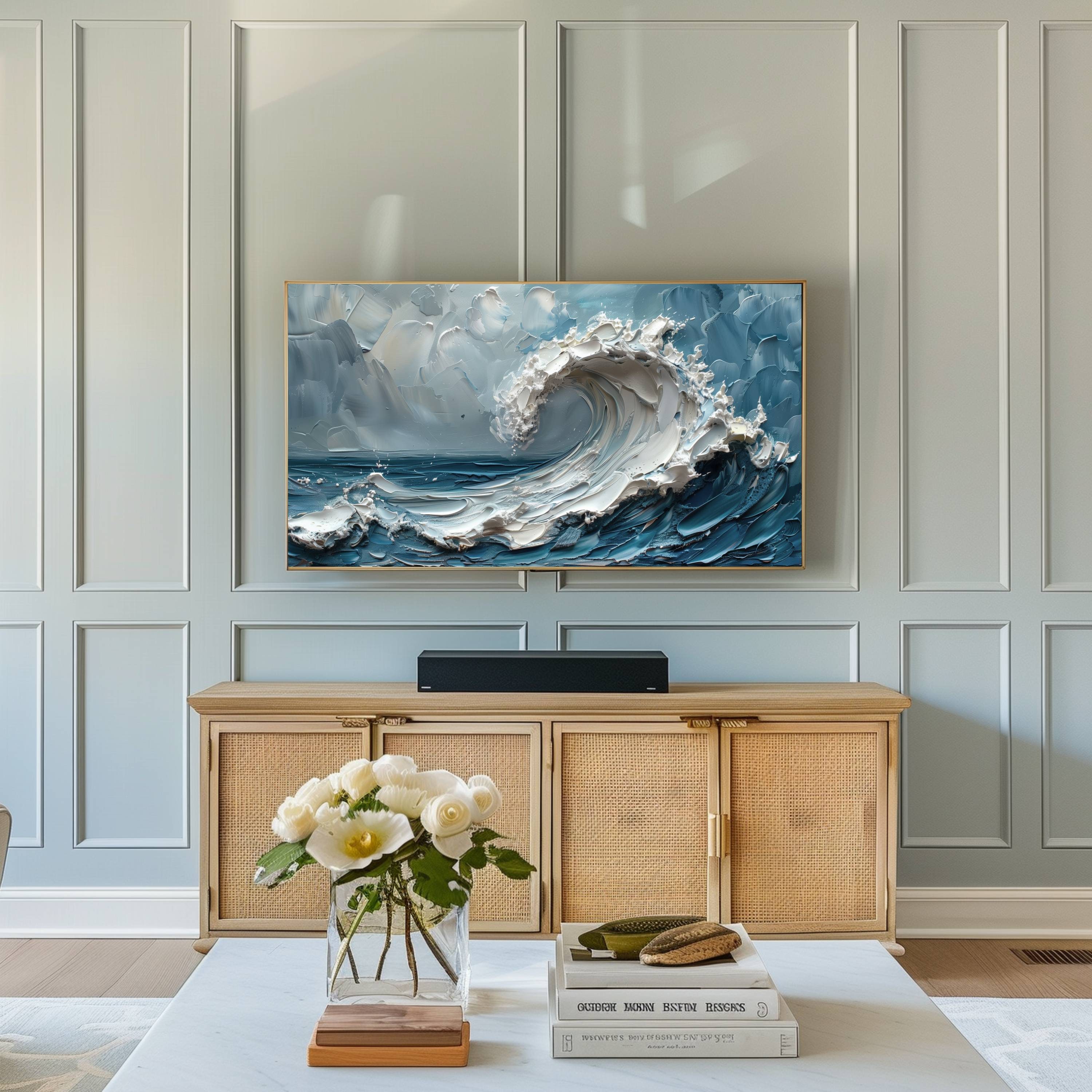 Textured Summer Abstract Painting for Frame TV, Muted Toned 3D Wave ...