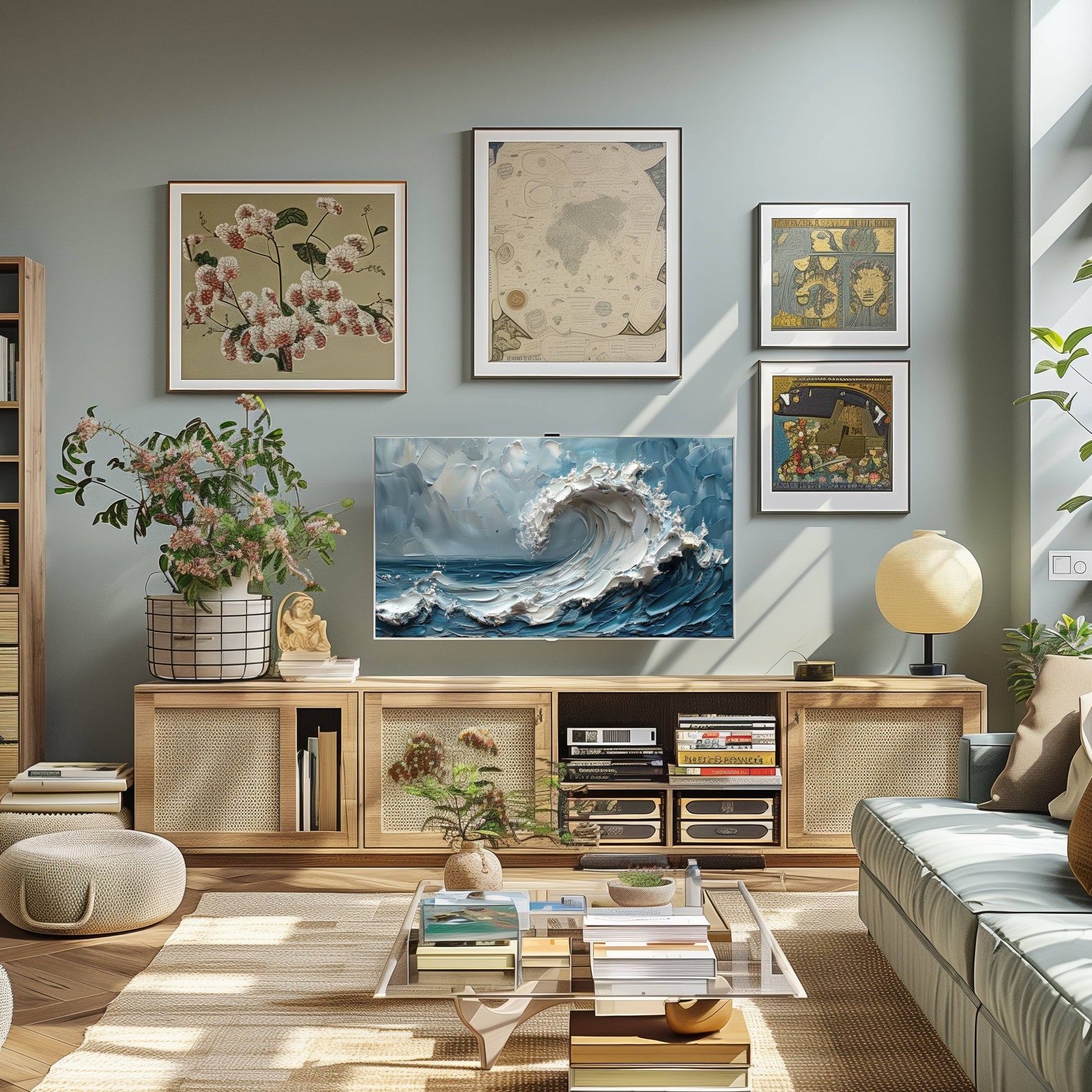 Textured Summer Abstract Painting for Frame TV, Muted Toned 3D Wave ...