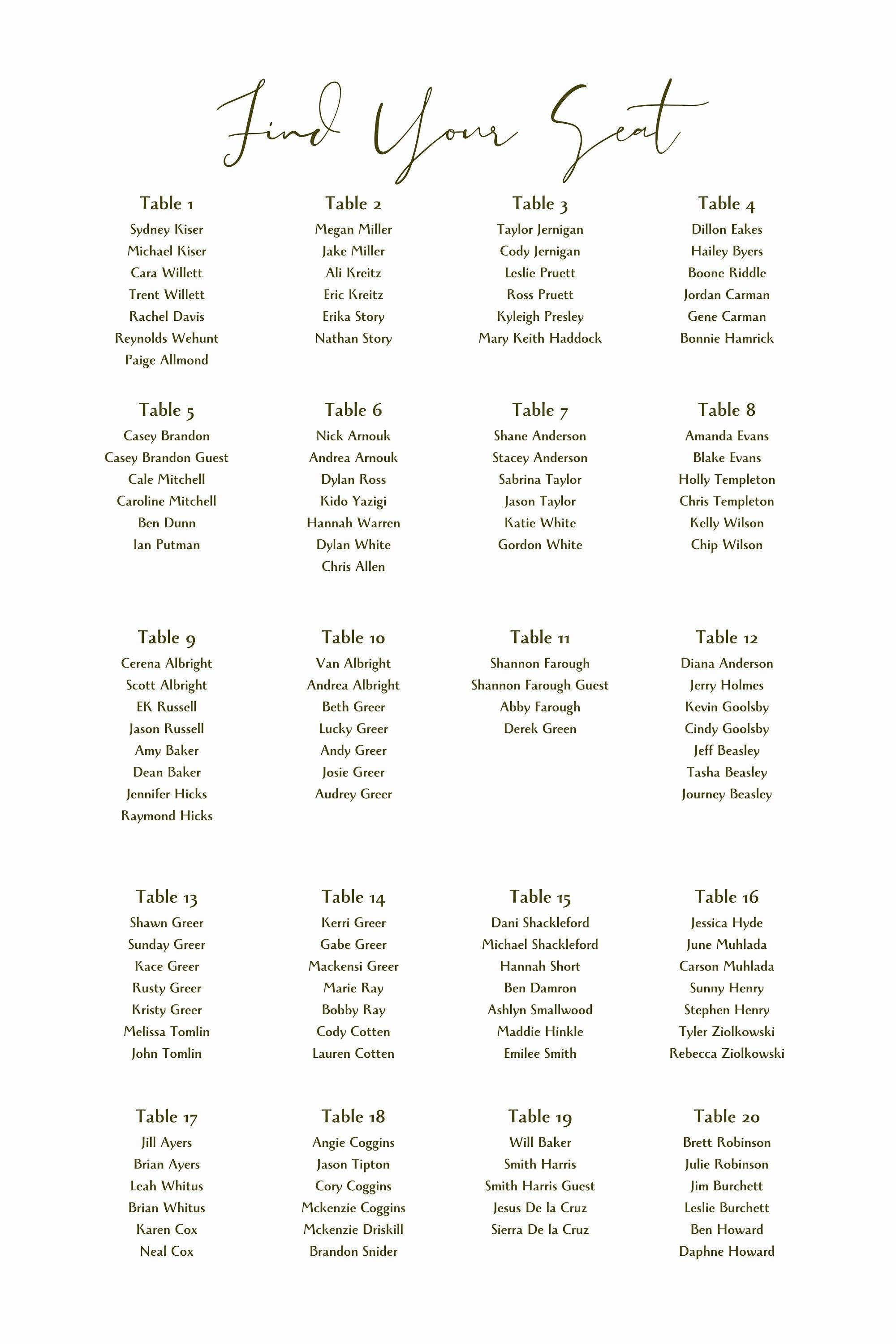 Wedding Table Seating Chart Template - Etsy