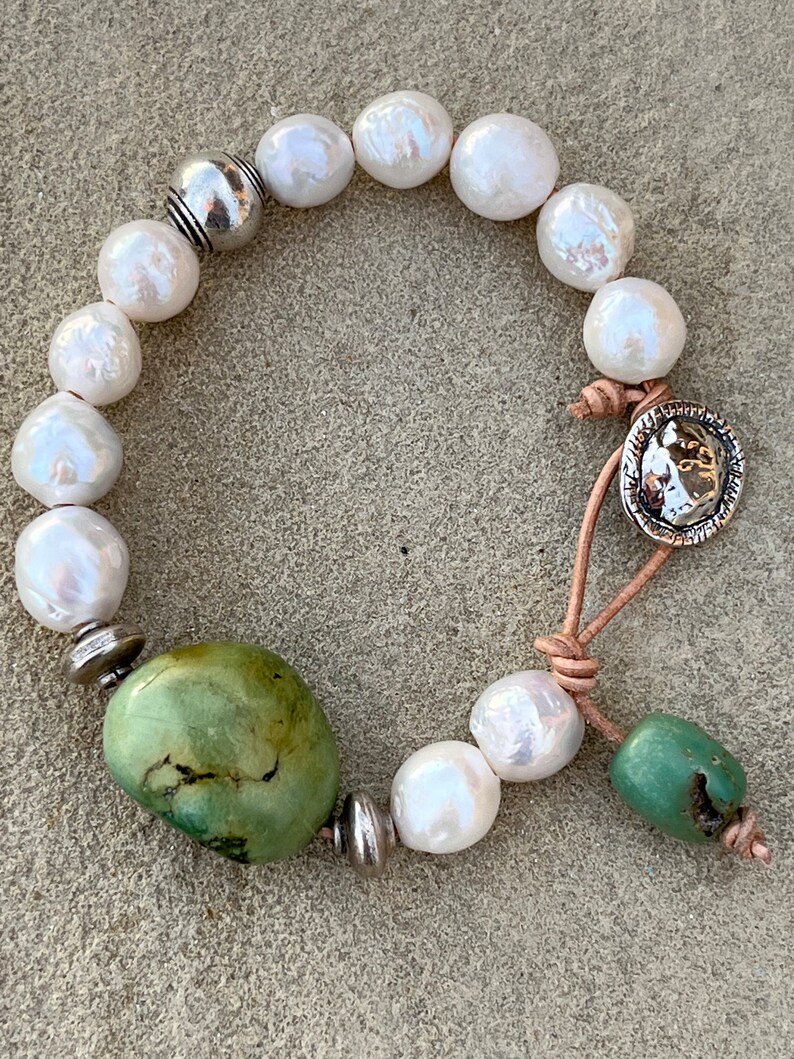 IVY Leather Button Bracelet, Baroque Pearls, Genuine Turquoise ...