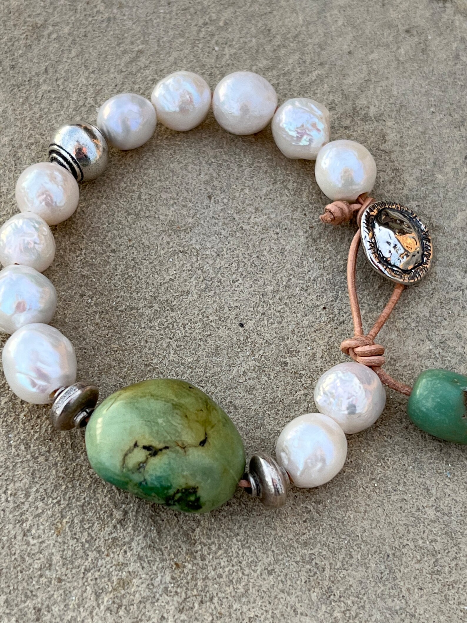 IVY Leather Button Bracelet, Baroque Pearls, Genuine Turquoise ...