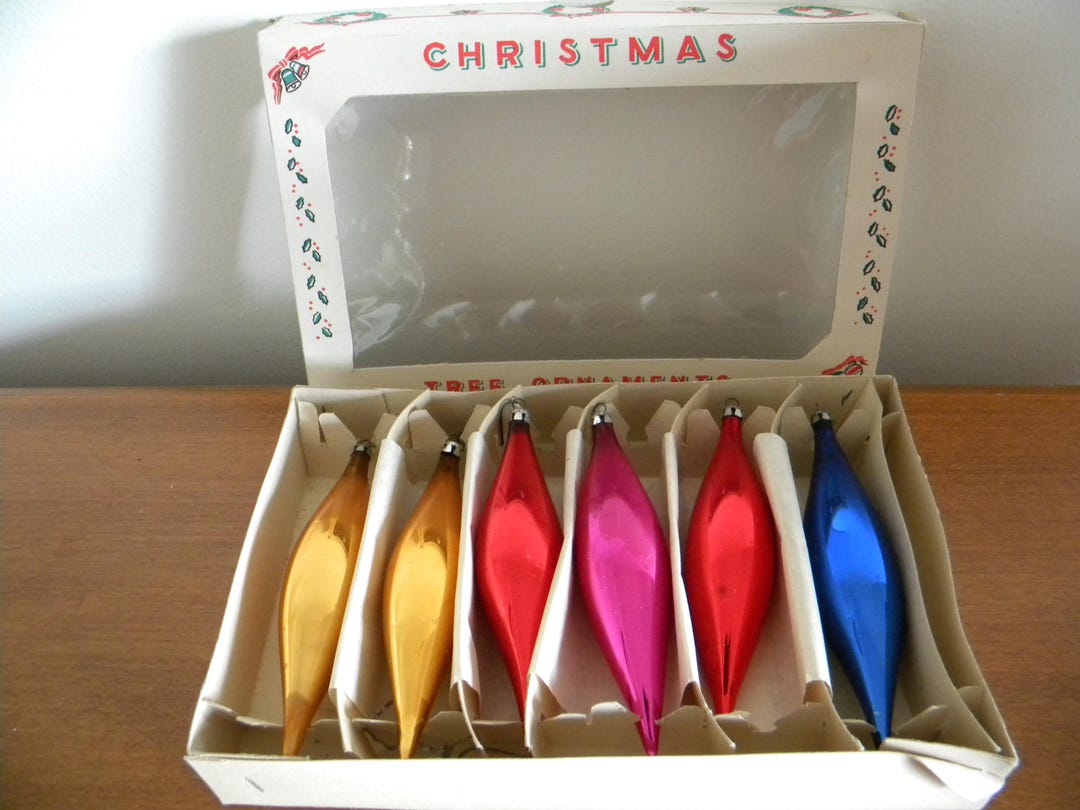 Vintage 5 Glass Teardrop CHRISTMAS TREE Ornaments Original Box, Made in ...