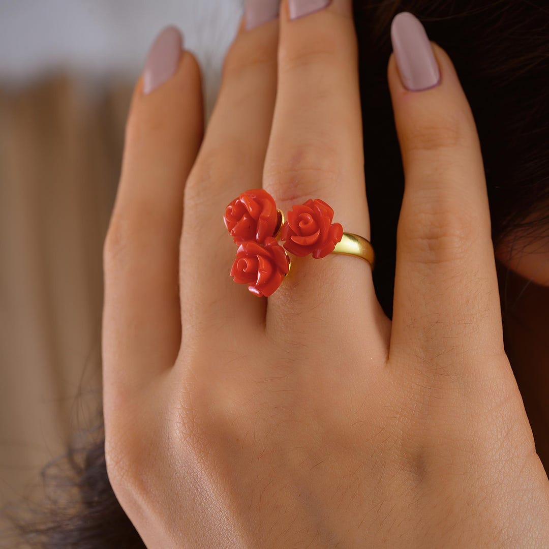 14K Gold Plated Triple Rose Ring, Coral Flower Statement Ring, Adjustable Floral Ring, Handmade ...
