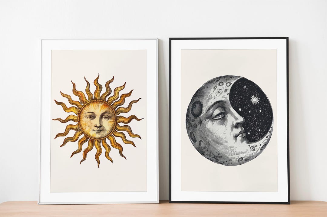 Vintage Style Celestial Sun and Moon Set of 2 Posters, Art Prints ...