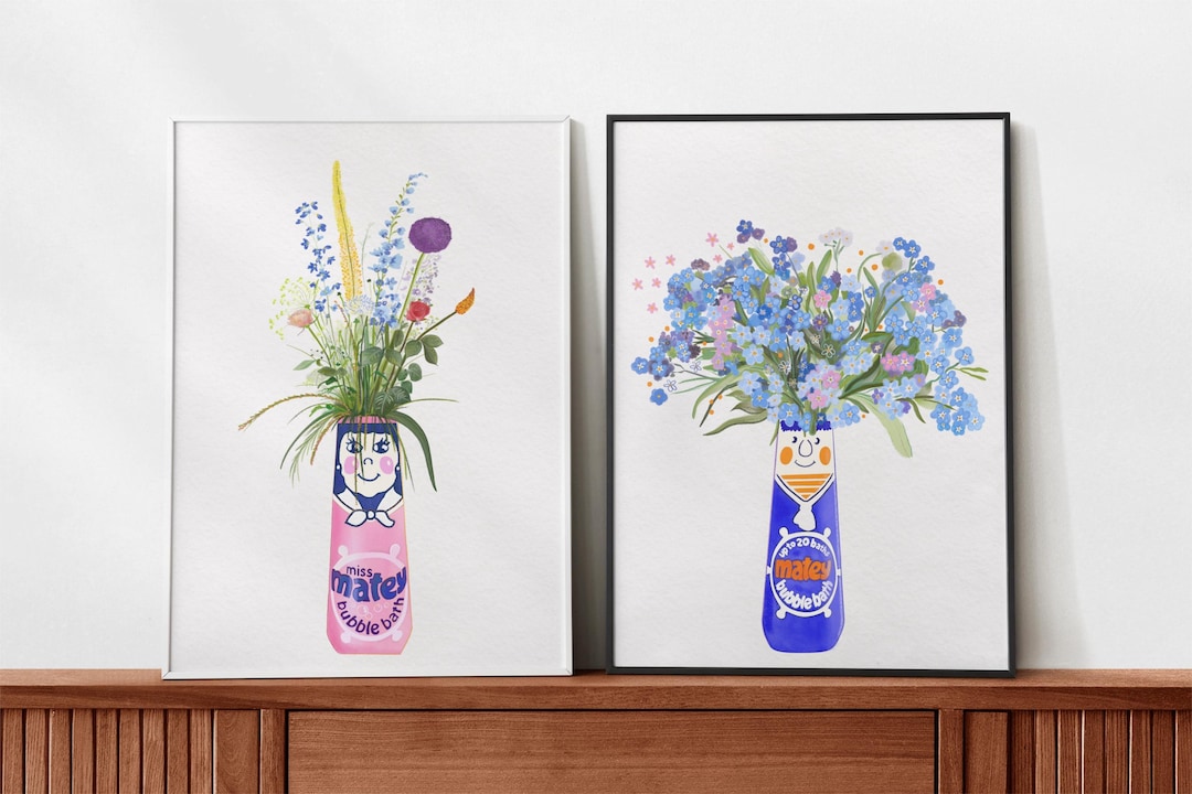 Set of 2 Mr and Miss Matey Bubble Bath Bathroom Art Prints With Flowers ...