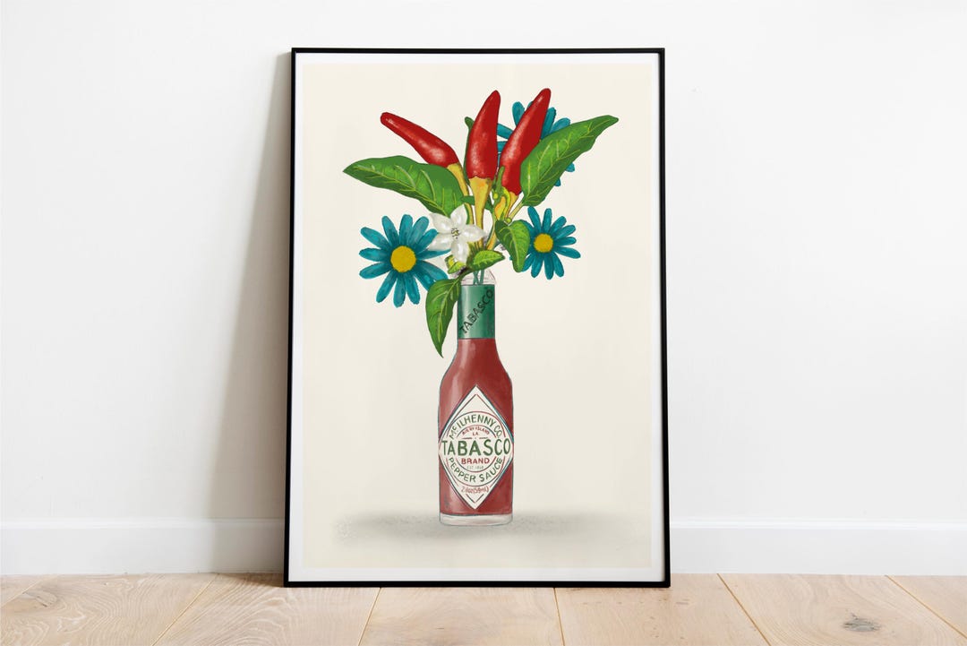 Tabasco Hot Sauce Kitchen Art Print/poster, Chilli Pepper Floral ...