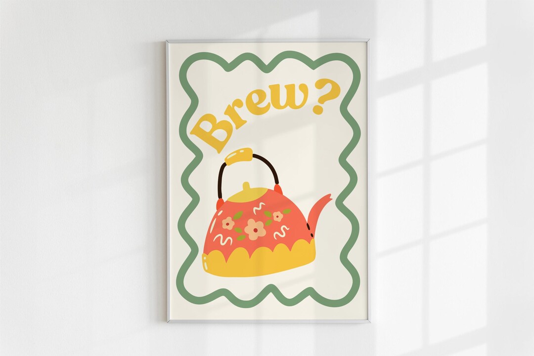 Brew? Teapot Kitchen Poster/print, Unframed A5 A4 A3, Sage Green Yellow ...